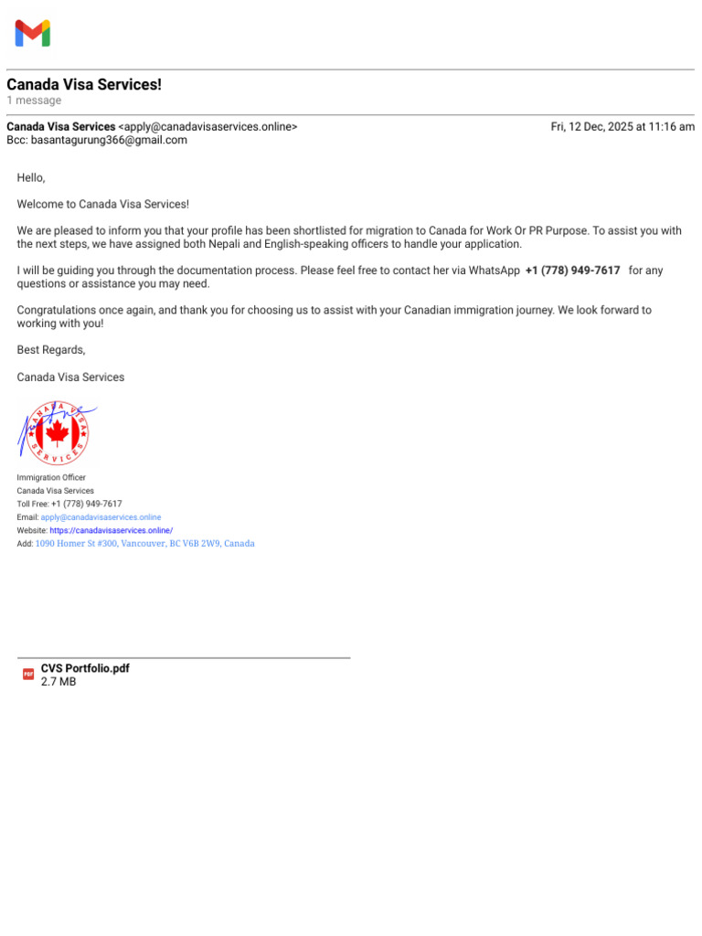 Gmail - Canada Visa Services! | PDF
