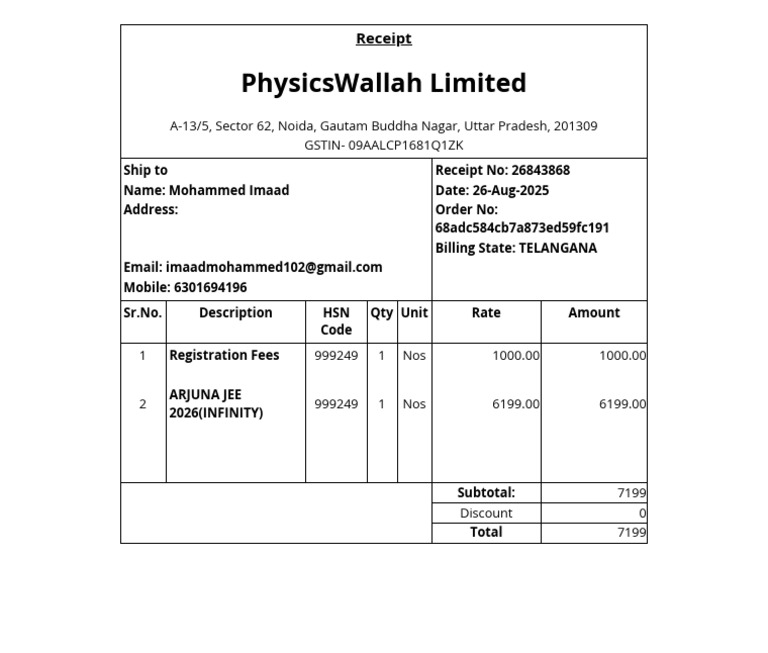 Receipt for Registration and Course Fee | PDF