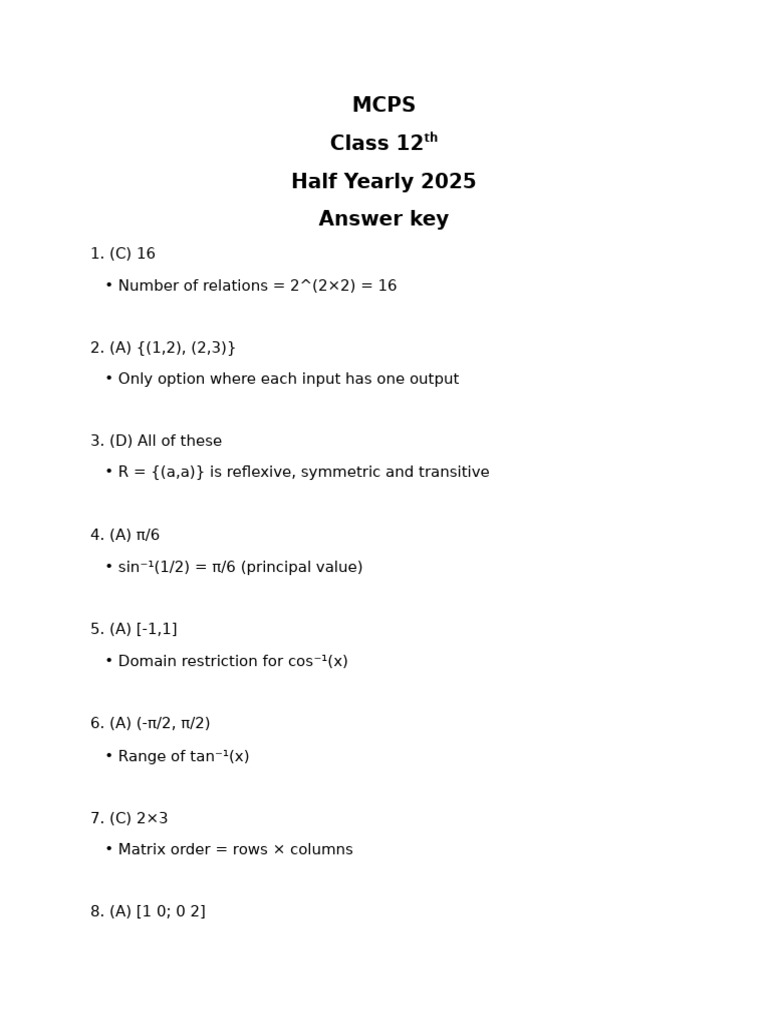 MCPS Class 12 Half Yearly 2025 Answer Key | PDF | Matrix (Mathematics ...
