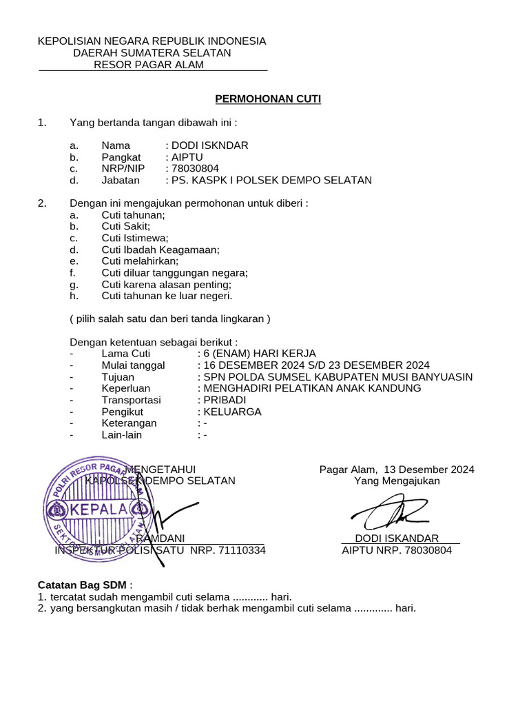 Permohonan Cuti AIPTU Dodi Iskandar | PDF