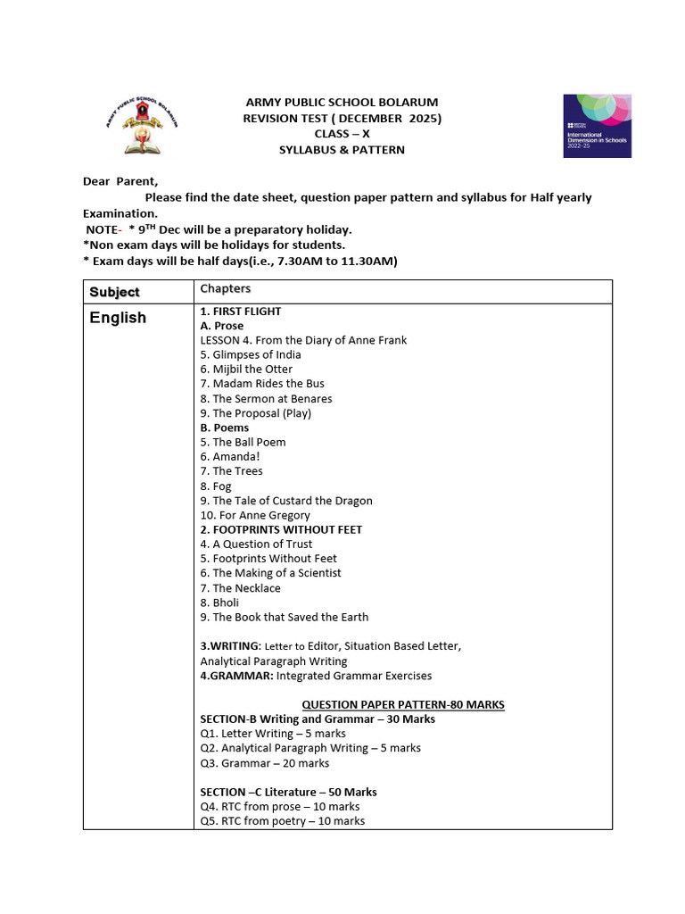 Class x Revision Test Syllabus & Pattern | PDF | Mathematics