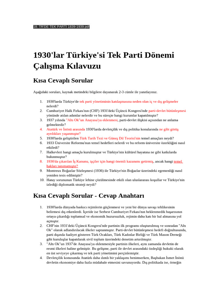 18. 1930'Lar Türkiye'Si Tek Parti Dönemi Çalışma Kılavuzu | PDF