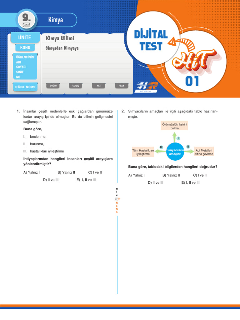 9. Sınıf Kimya DİJİTAL TEST - HIZ VE RENK - 2024_Ornek | PDF