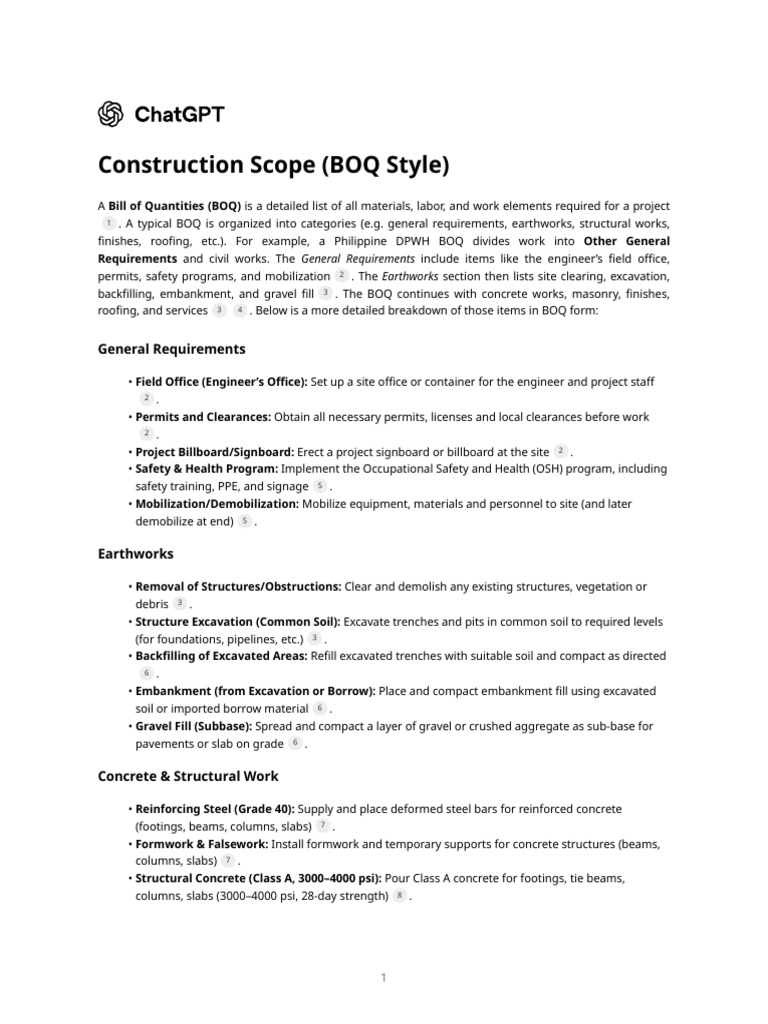 Construction Bill of Quantities Guide | PDF | Concrete | Wall