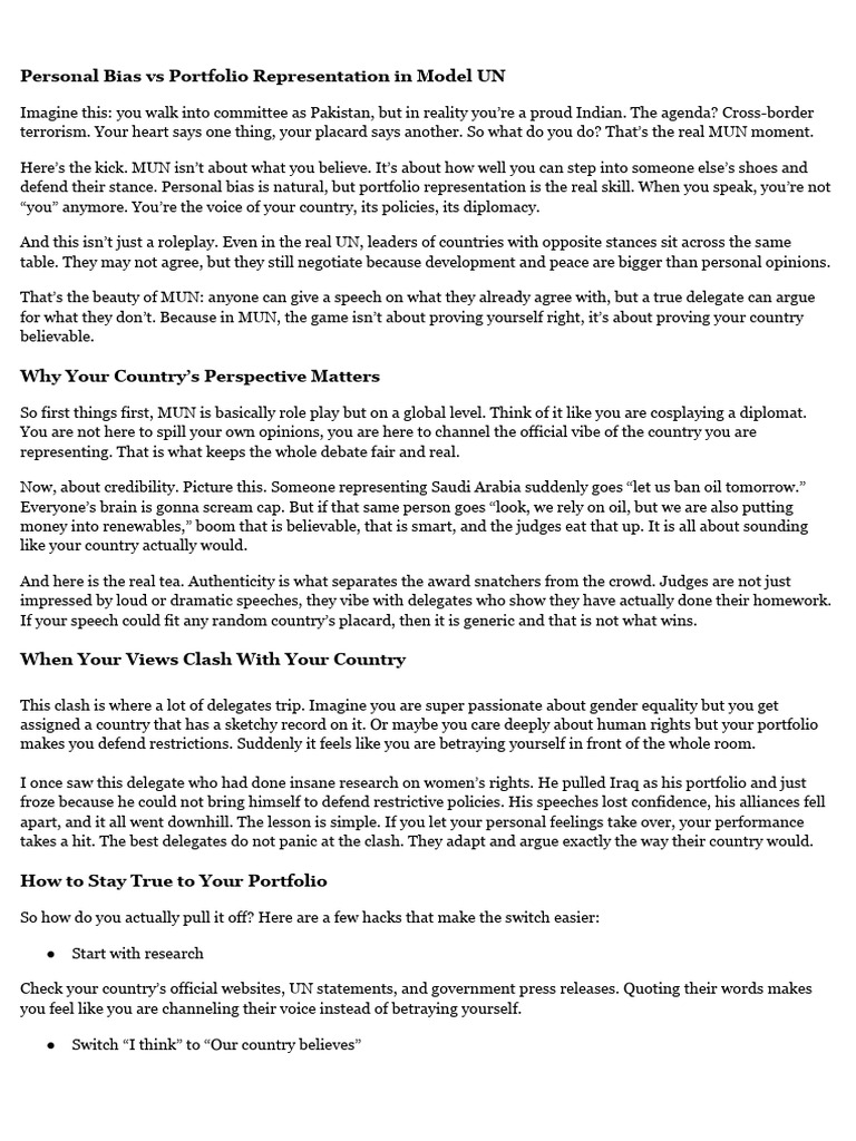 Personal Bias vs Portfolio Representation in Model UN (2) | PDF ...