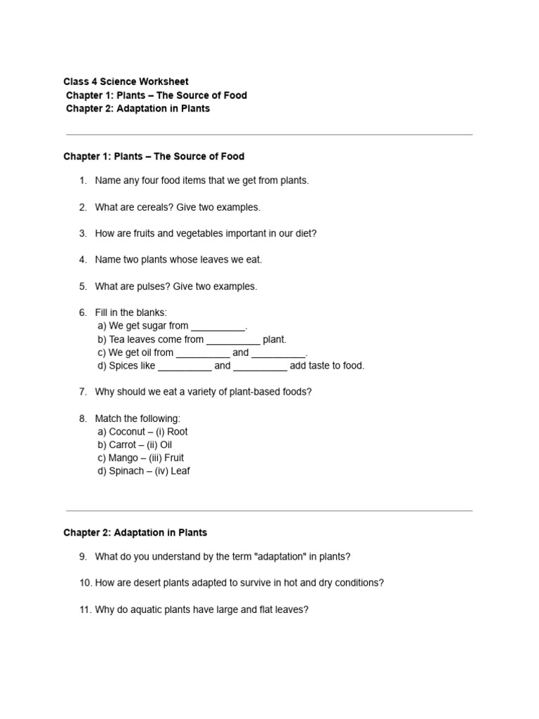 Class 4 Science Worksheet | PDF
