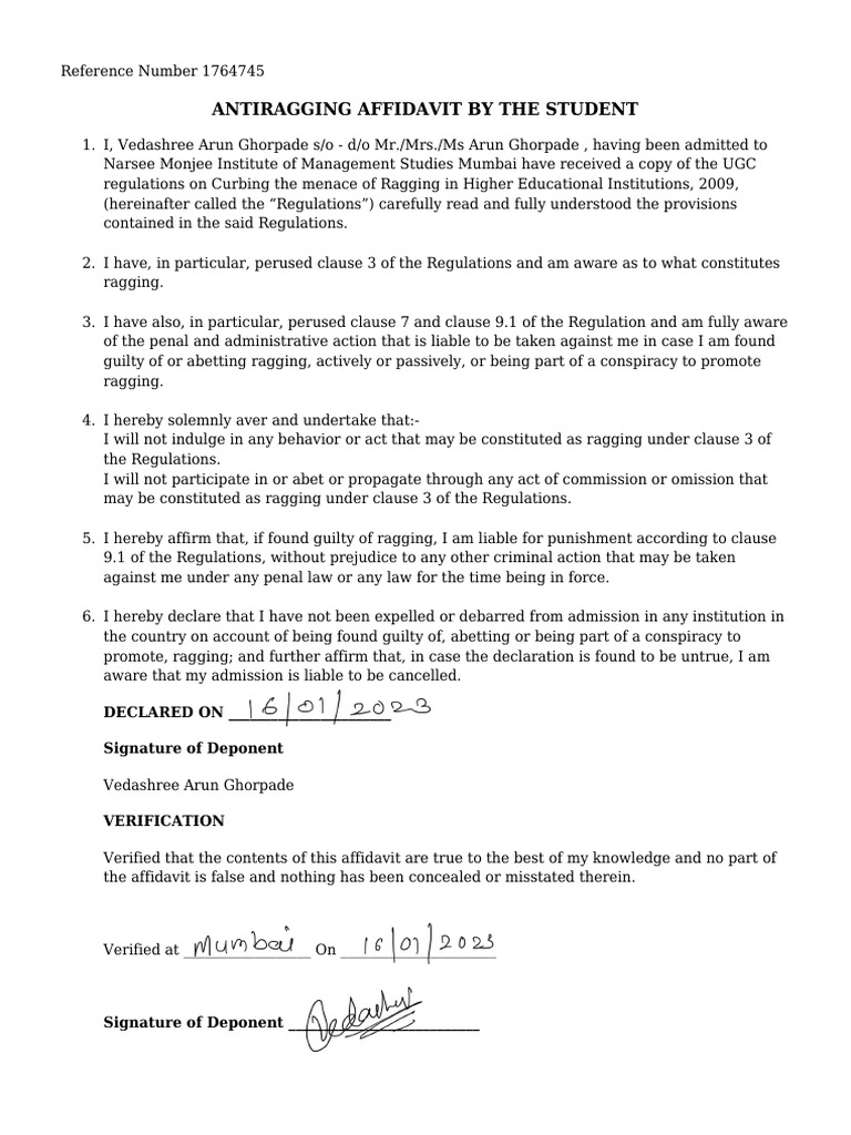 Antiragging Form | PDF | Affidavit