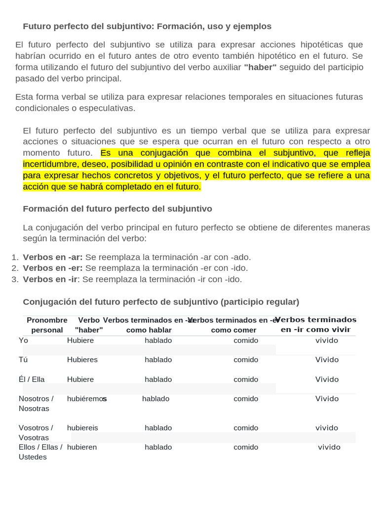 Futuro Perfecto del Subjuntivo: Guía Completa | PDF