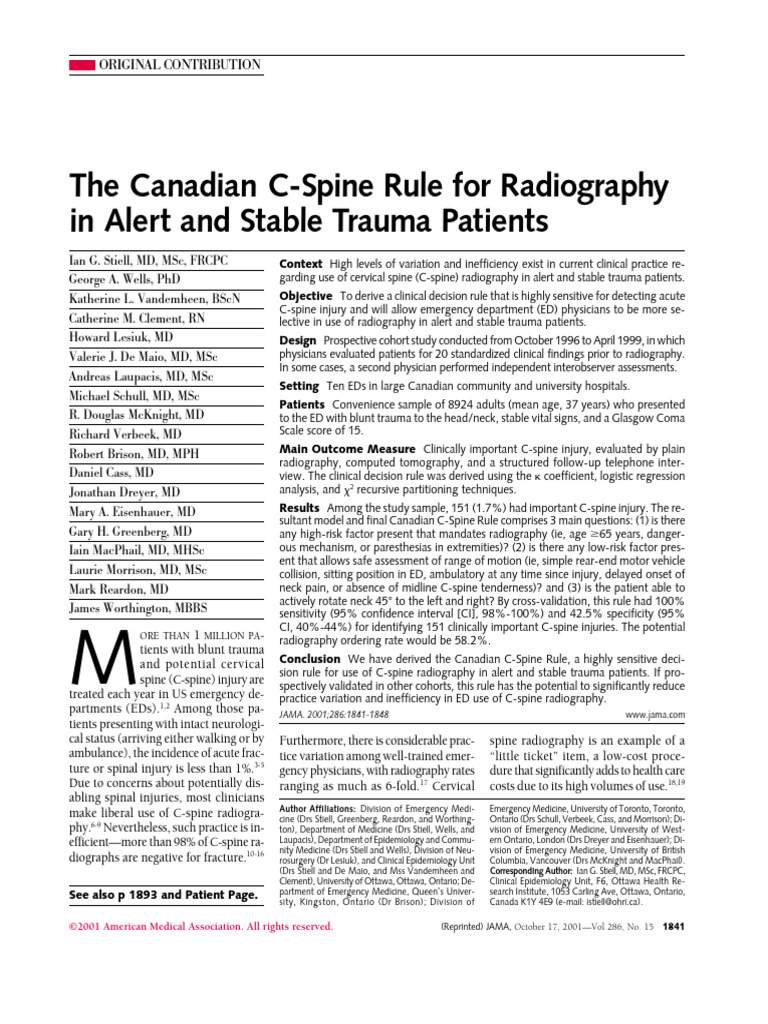 Stiell - The Canadian C-Spine Rule For Radiography in Alert and Stable ...