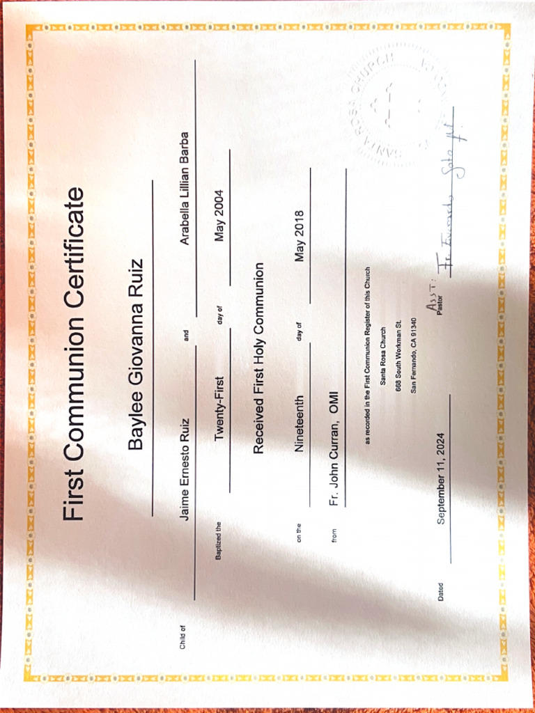 First Communion Certificate | PDF
