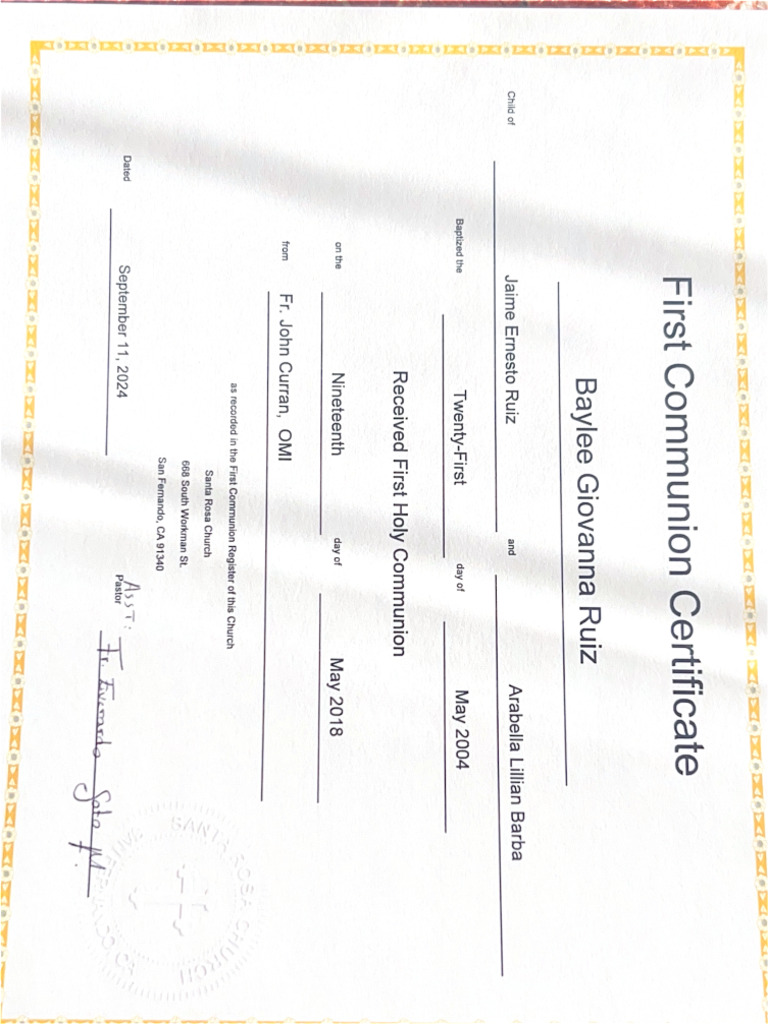 First Communion Certificate | PDF