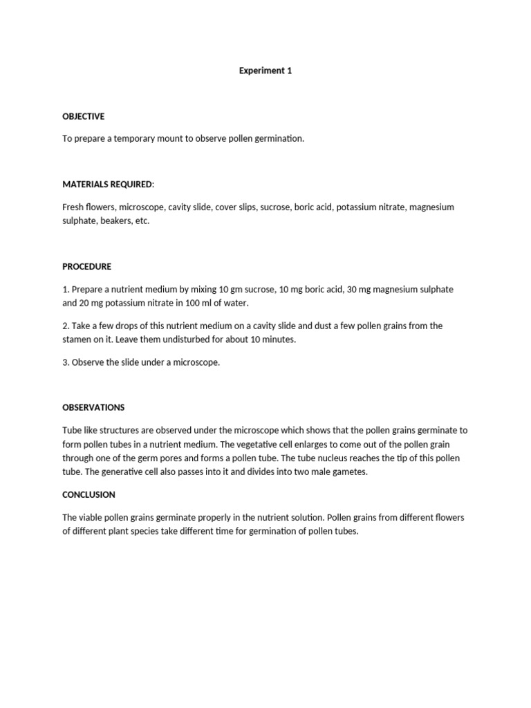 Experiment 1(Germination of Pollen) | PDF