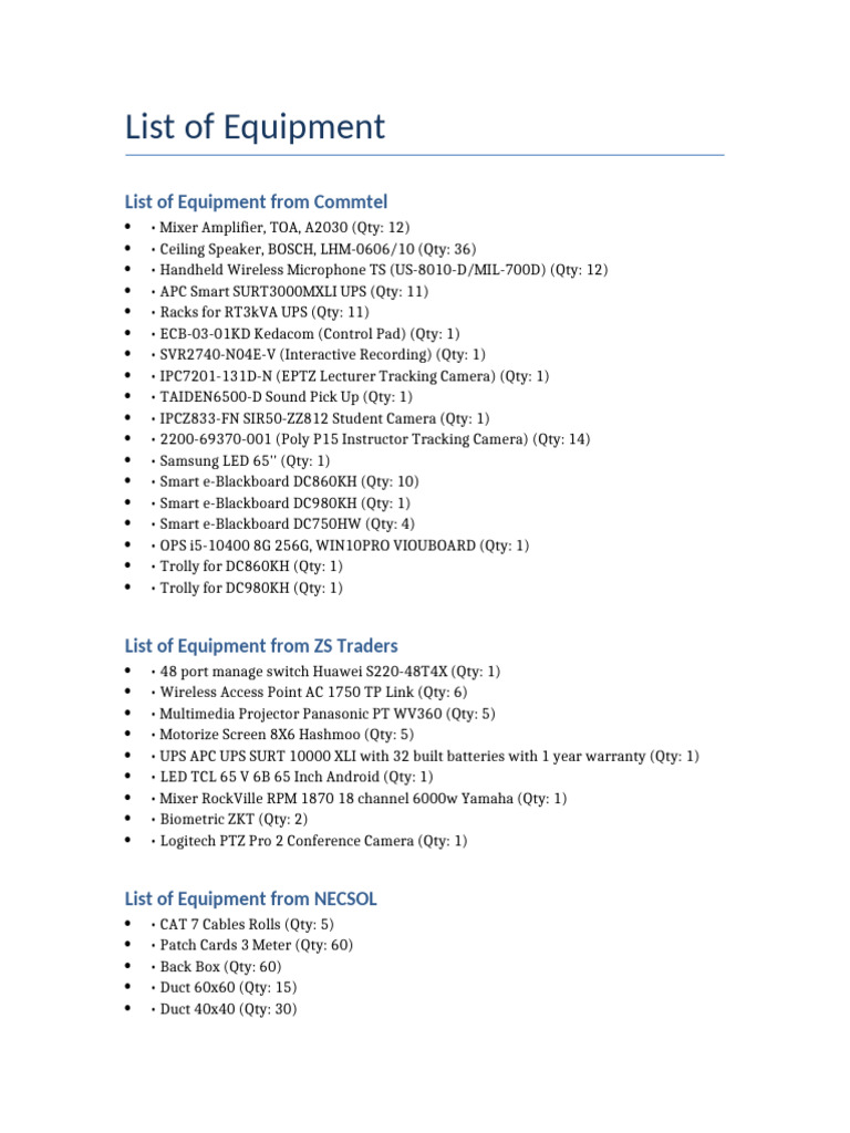 Comprehensive Equipment Inventory List | PDF