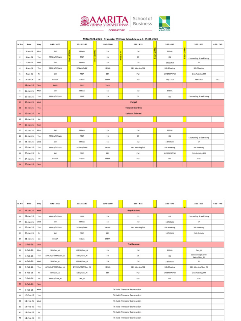 Class Schedule (Term6) - MBA 2024-2026 | PDF