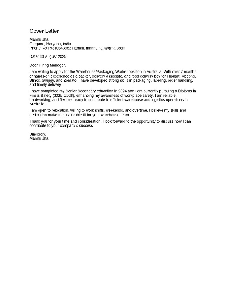 Mannu Jha Cover Letter | PDF