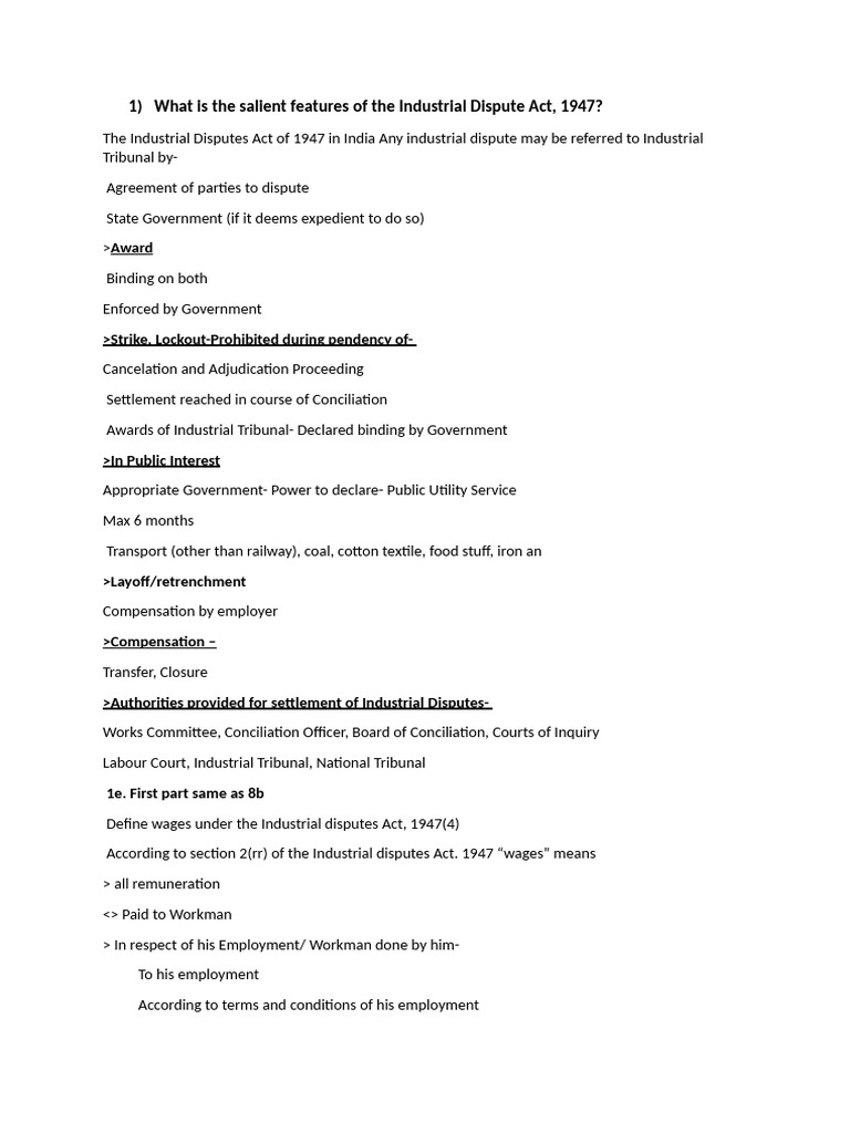 What is the Salient Features of the Industrial Dispute Act | PDF ...