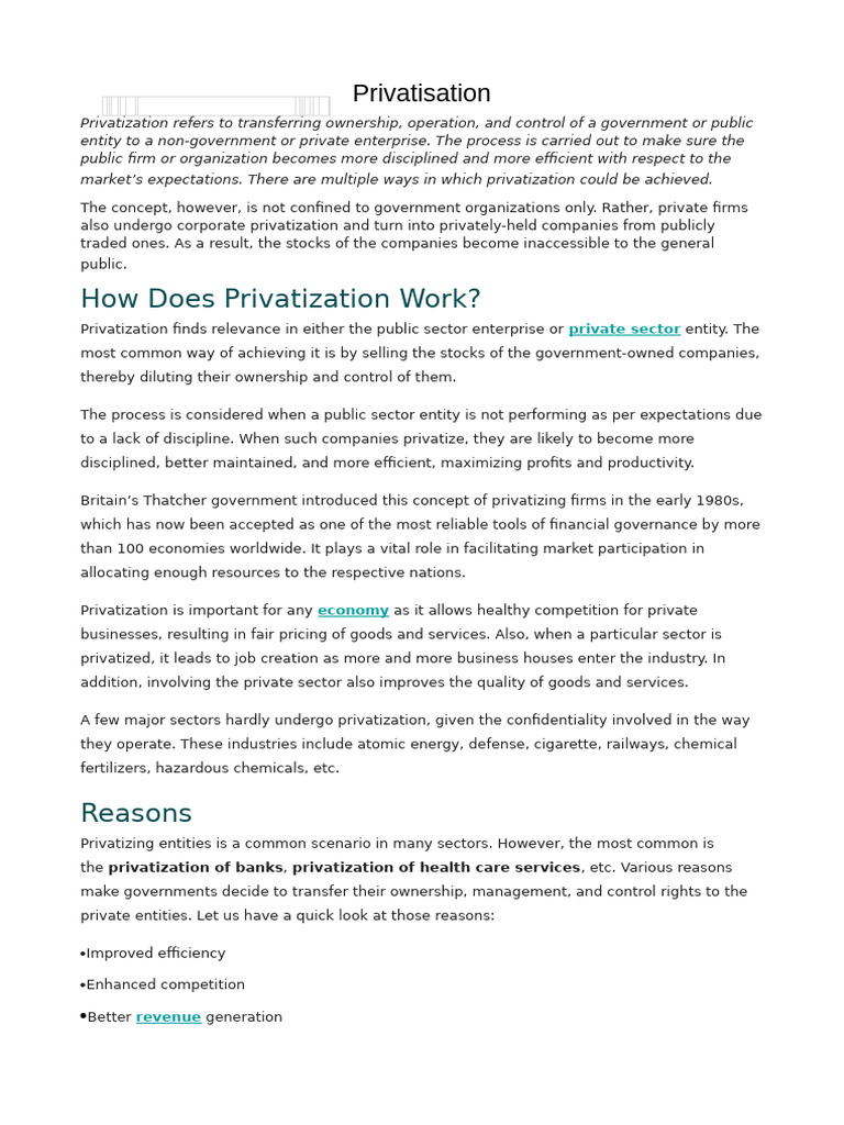 Pros and Cons of Privatization | PDF | Privatization | Market (Economics)