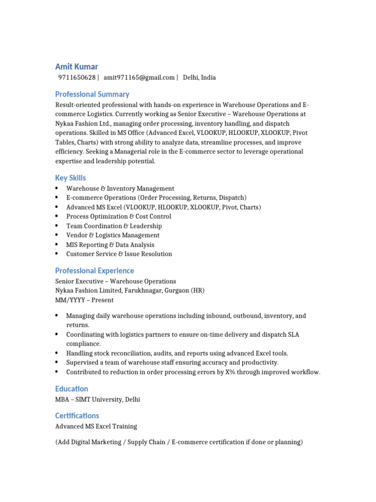 Amit Kumar Ecommerce Manager CV | PDF