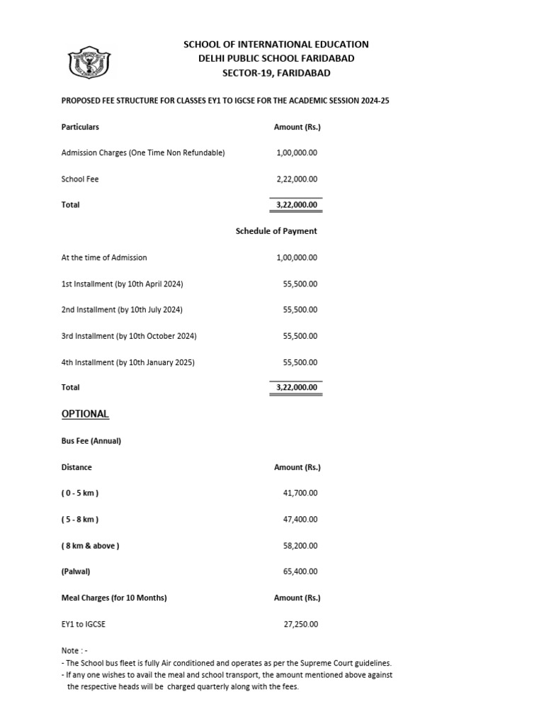 Fee Structure Sie 2024-25 | PDF