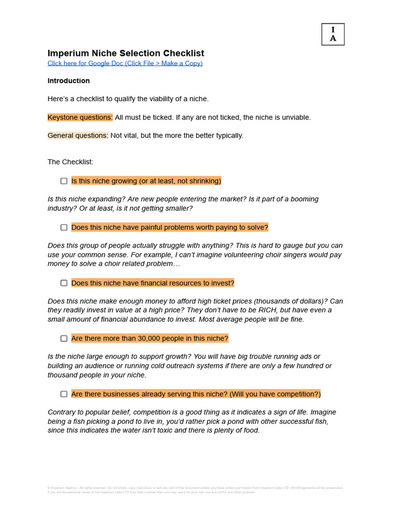 Imperium Academy Grade a Niche Checklist | PDF