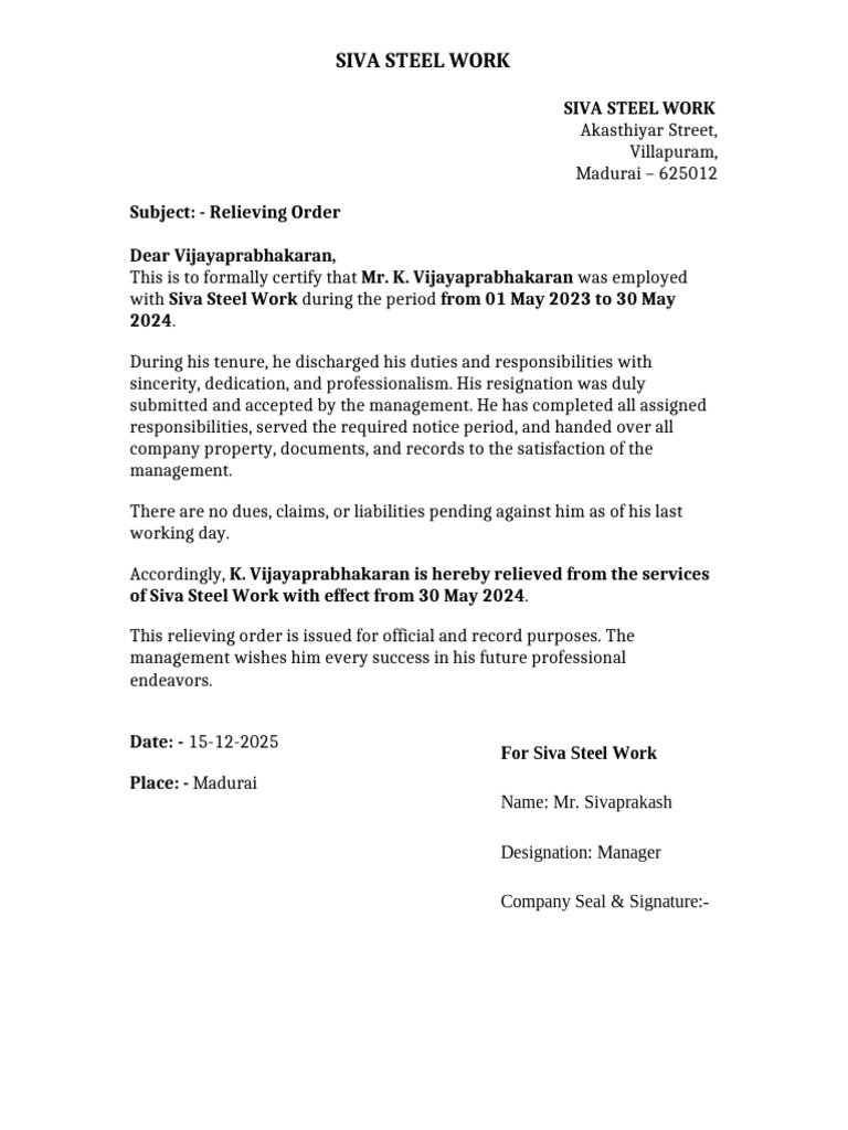Siva Steel Work Releiving Order | PDF