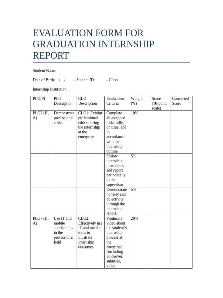Graduation Internship Evaluation Form | PDF | Cognition