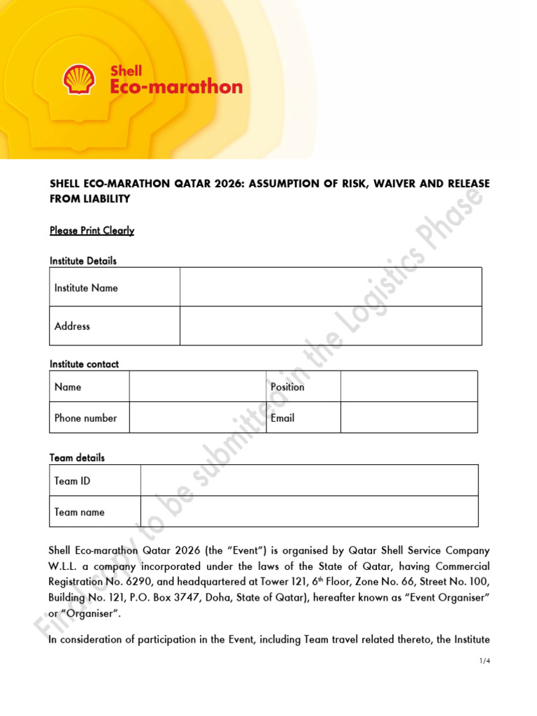 Shell Eco-Marathon Qatar 2026 Liability Waiver | PDF | Indemnity ...