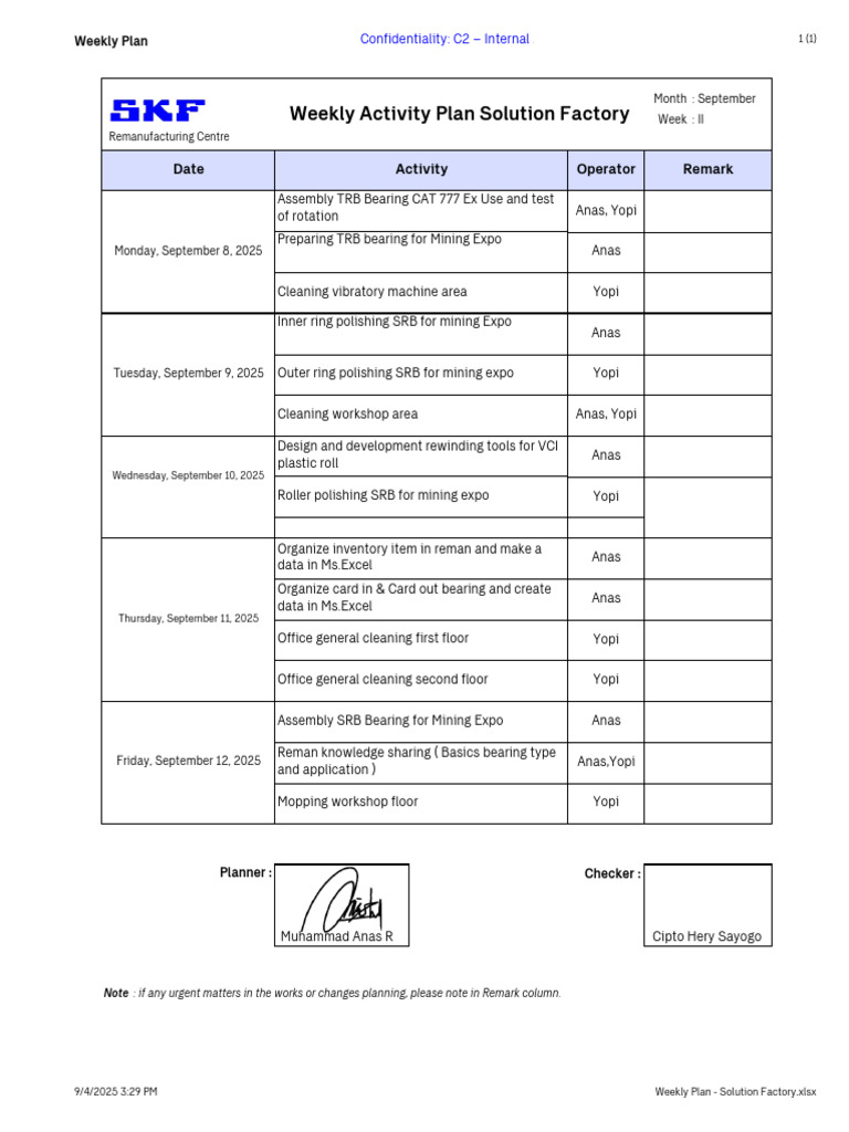 Weekly Remanufacturing Plan September | PDF