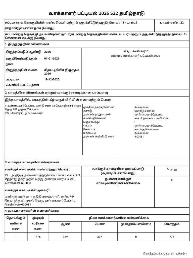 2026-EROLLGEN-S22-11-SIR-DraftRoll-Revision1-TAM-22-WI | PDF