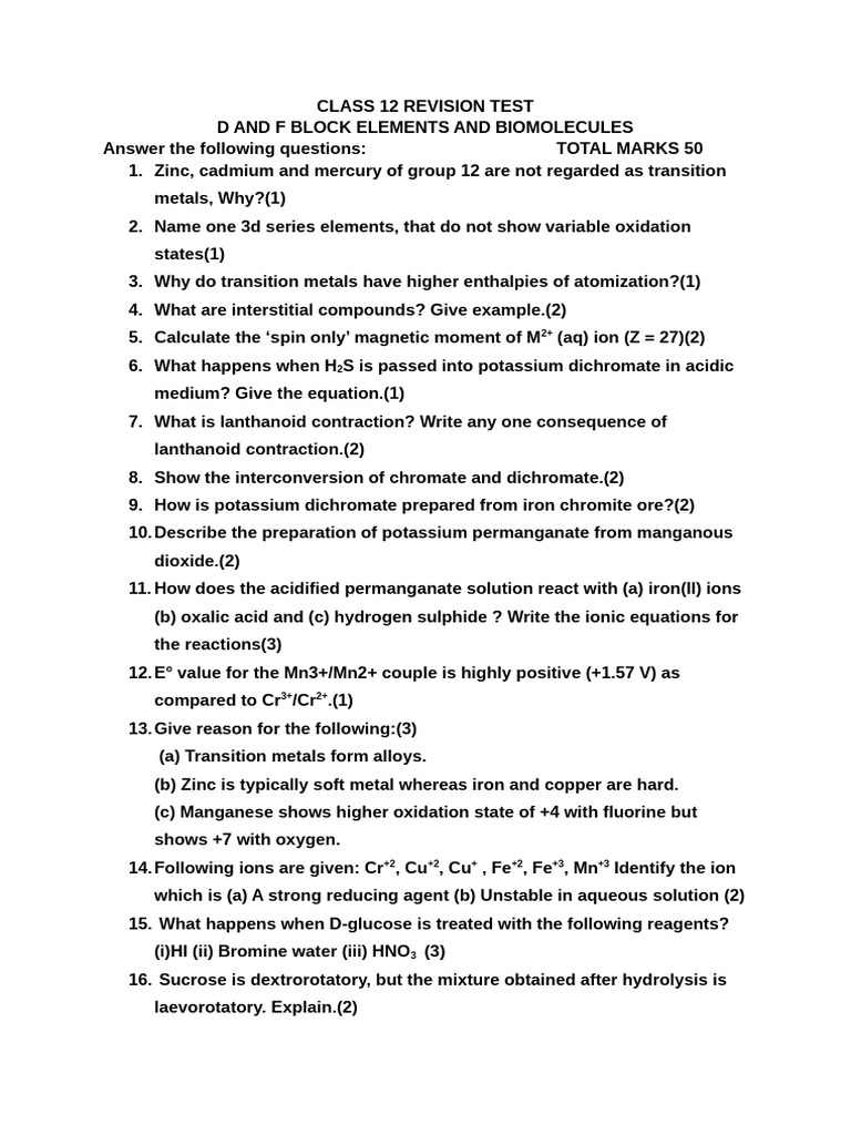 CLASS 12 REVISION TEST 1 | PDF | Hydrolysis | Glucose