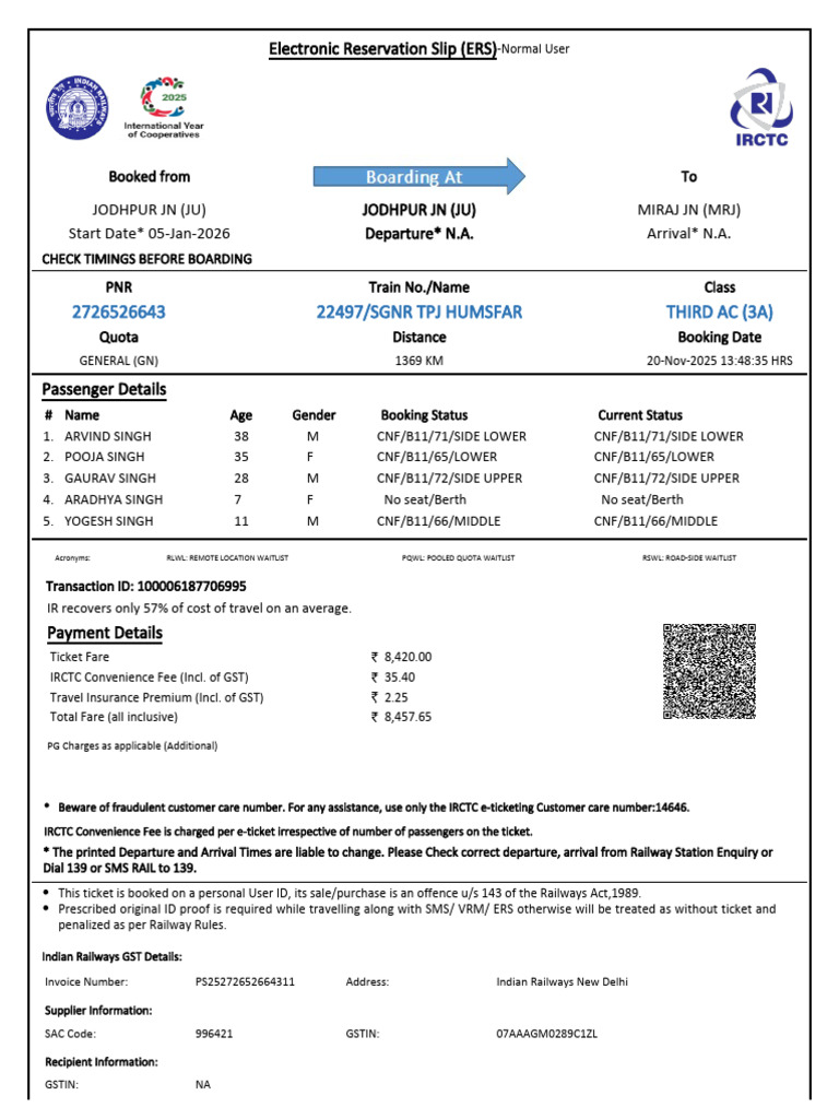 Electronic Reservation Slip for Train Booking | PDF | Identity Document