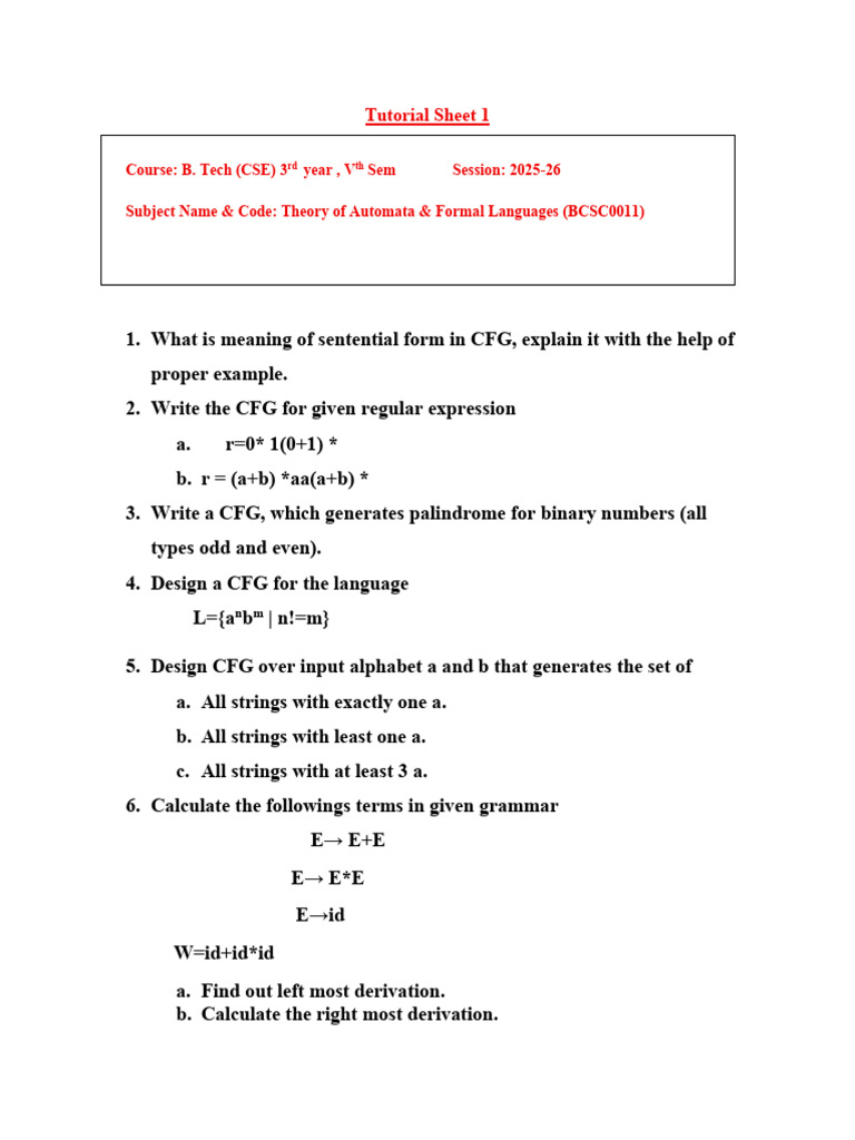 TAFL Tutorial Sheet Module 2 | PDF