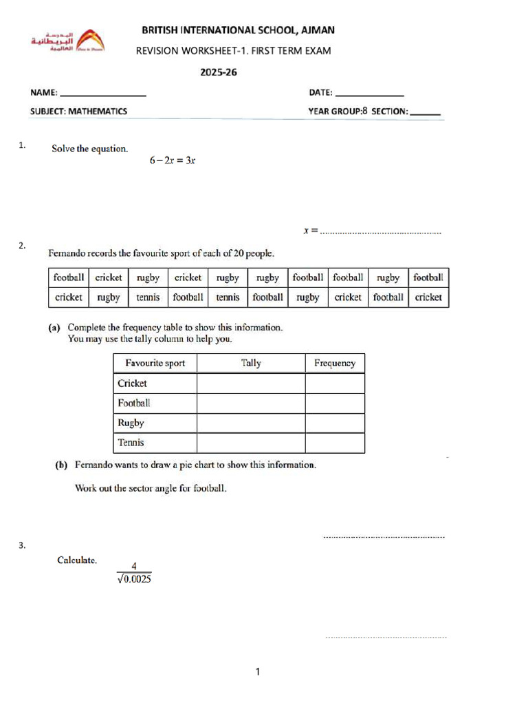 First Term Exam Revision Worksheet | PDF