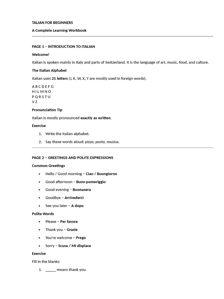 Beginner Italian Learning Workbook | PDF | Italian Language | Lexicology