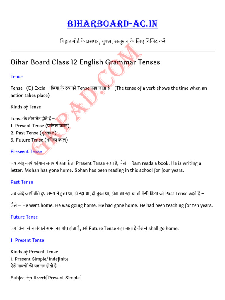 Class 12 English Grammar Tenses | PDF