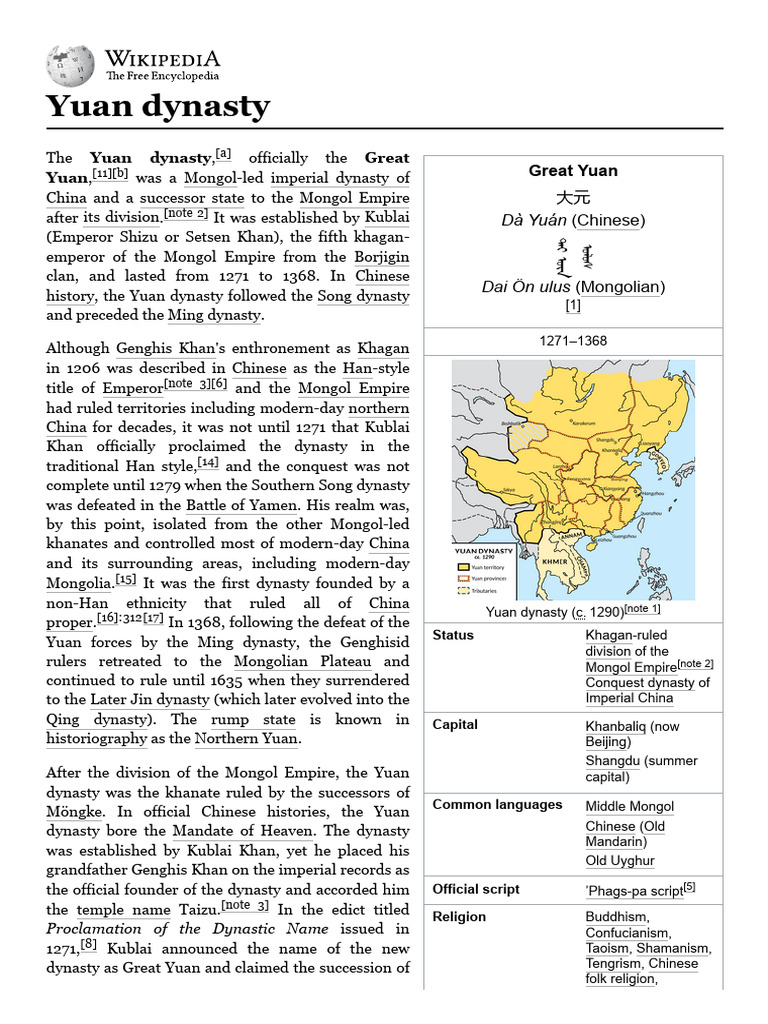 Great Yuan Dynasty Overview | PDF | Mongol Empire