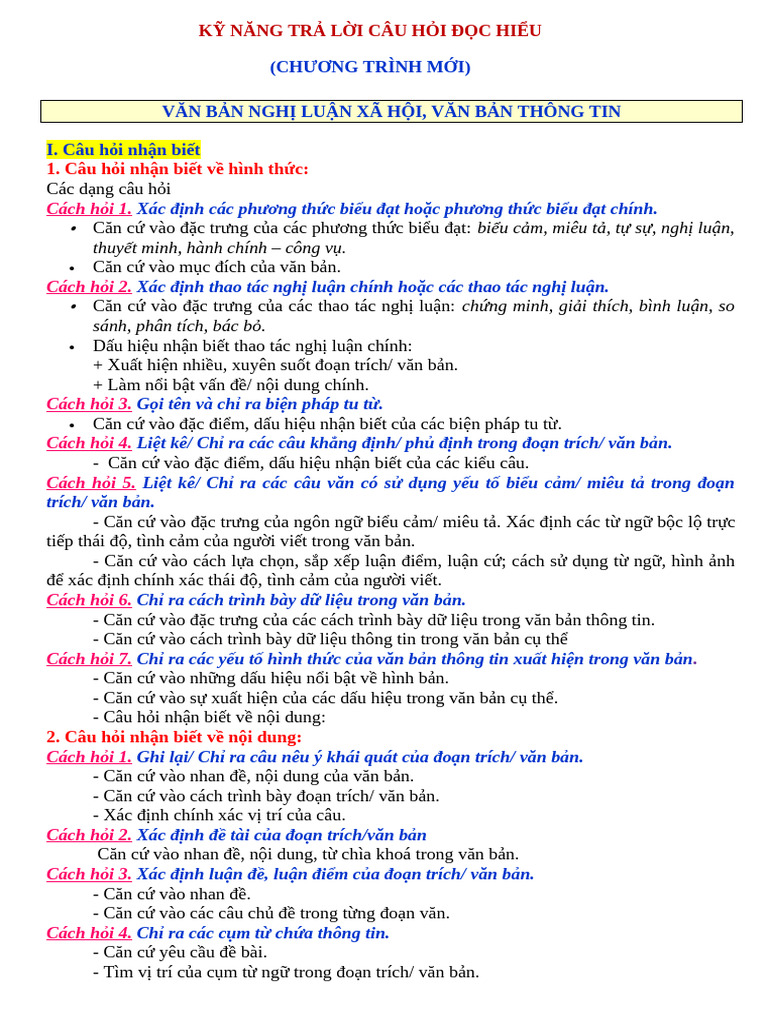 Các Dạng Câu Hỏi Đọc Hiểu | PDF