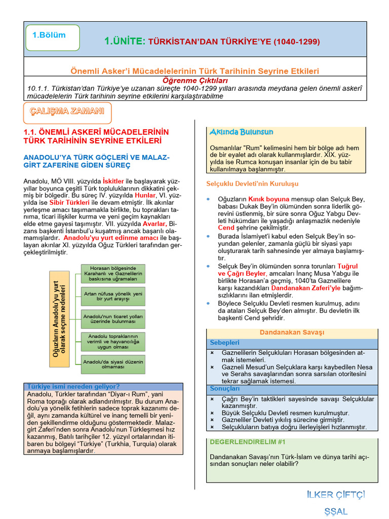 10.Sınıf 1.Ünite Türkistan'Dan Türkiye'Ye-2 Önemli | PDF