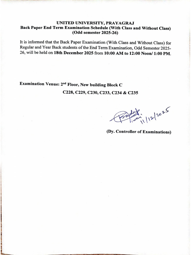 Back Paper (With Class and Without Class) End Term Examination Schedule ...