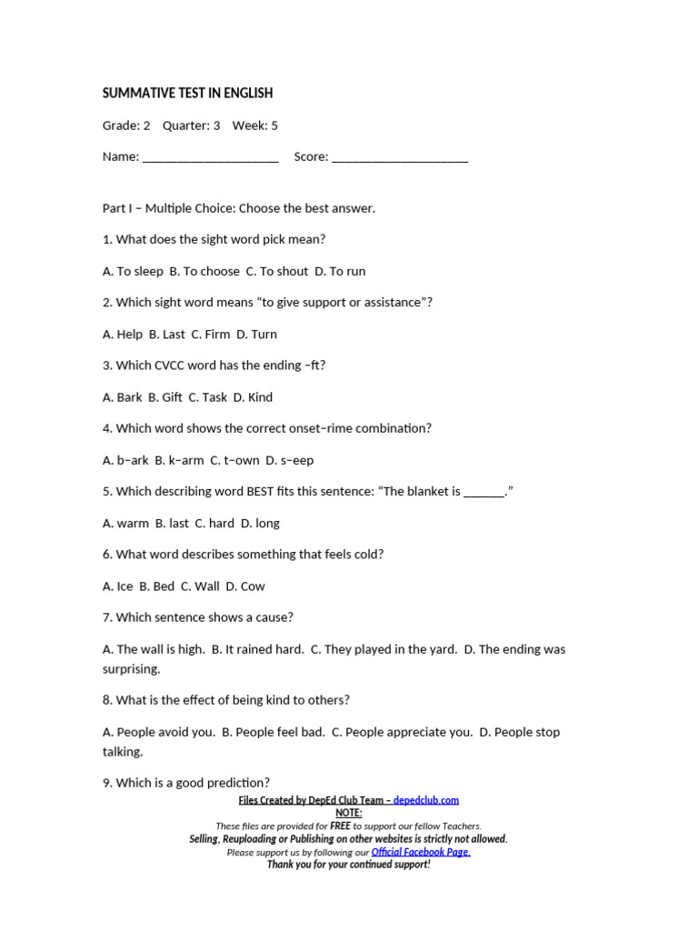 Grade 2 English Summative Test | PDF | Syllable