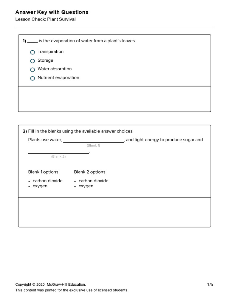 Plant Survival Lesson Check Answers | PDF | Plants | Root