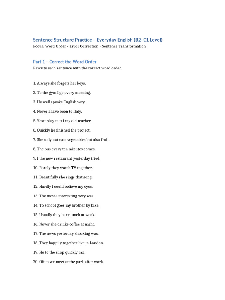 Sentence Structure Practice B2C1 Everyday English | PDF