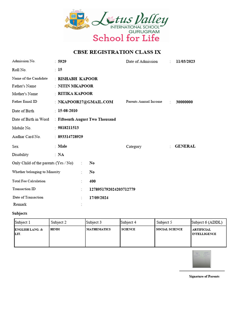 CBSE Class IX Registration Form Details | PDF