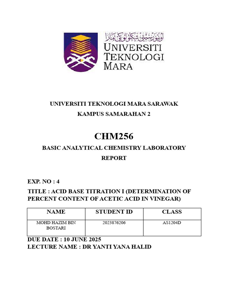 CHM256 - Exp 4 Lab Report | PDF | Titration | Chemistry