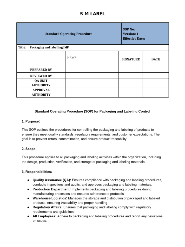 Packaging and Labeling SOP Guide | PDF | Audit | Regulatory Compliance