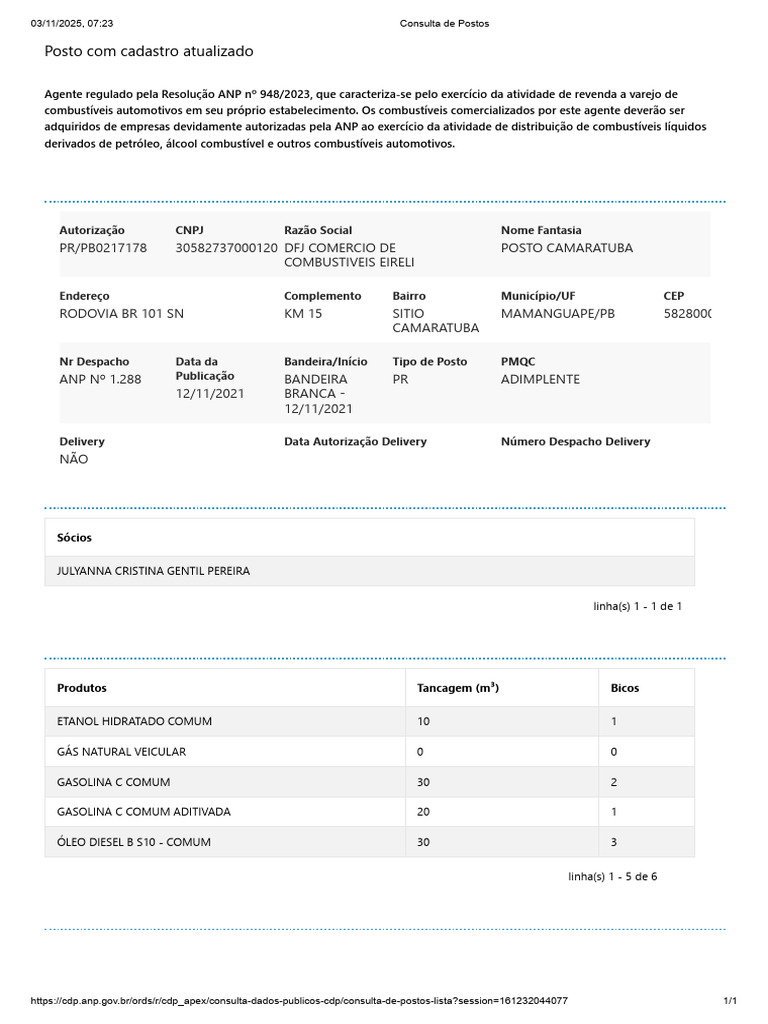 Dfj Posto Camaratuba Situacao Anp | PDF | Combustíveis | Gasolina