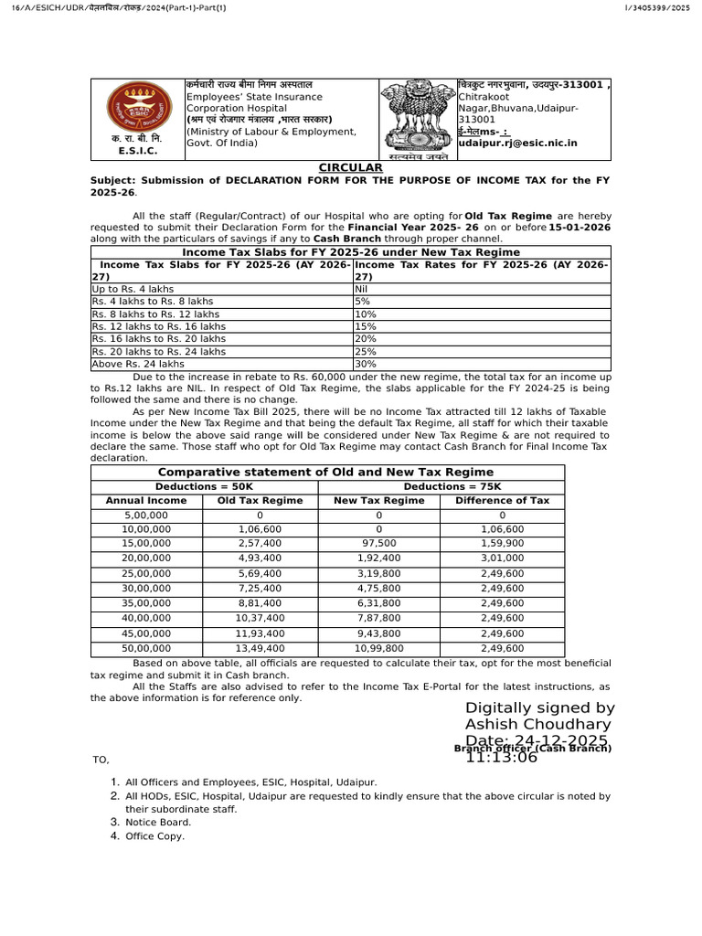 ESIC Udaipur Tax Declaration Circular | PDF | Income Tax | Taxes
