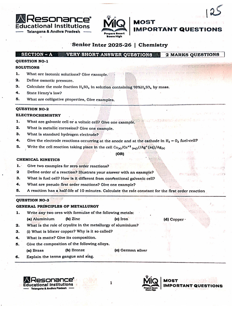 SR Chemistry IPE Chemistry IMP Questions | PDF