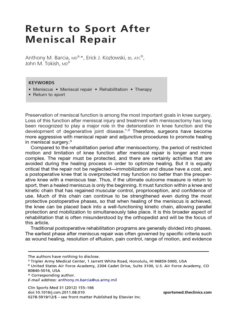 Return to Sport Post-Meniscal Repair | PDF | Musculoskeletal System
