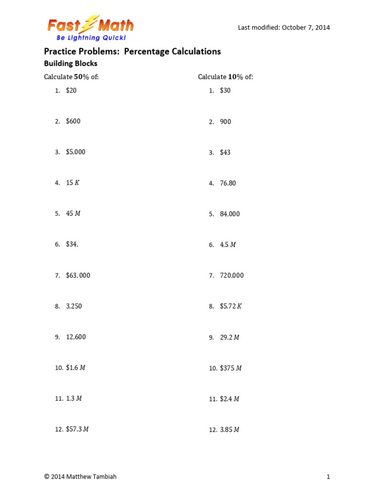 Percentage Calculation Practice Problems | PDF